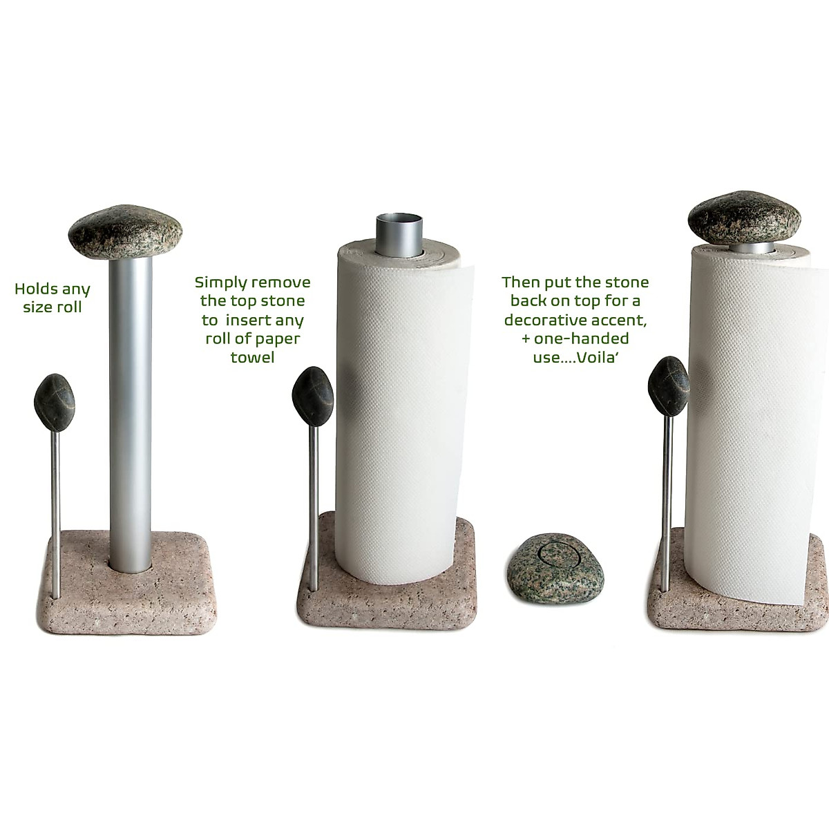 Premium Granite Paper Towel Holder - Free Standing Kitchen Paper Towel Roll Holders with Granite Base for Easy One Handed Use - Holds Standard or Jumbo-Sized Rolls (Each Holder is Unique) Made in USA