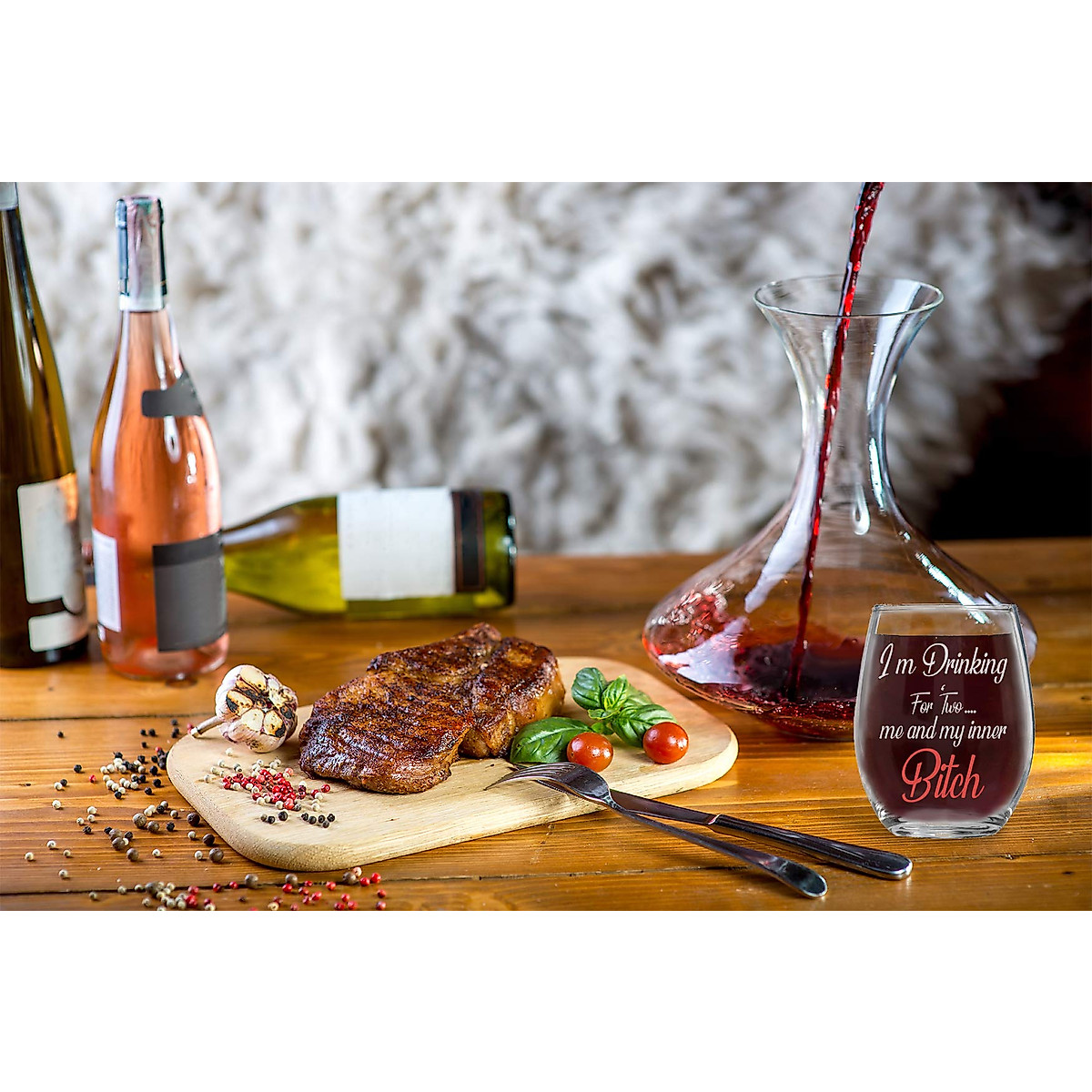 AW Fashions I'm Drinking For Two Me And My Inner Bitch Funny 15oz Crystal Stemless Wine Glass - Fun Wine Glasses with Sayings Gifts For Women, Her, Mom on Mother's Day Or Christmas