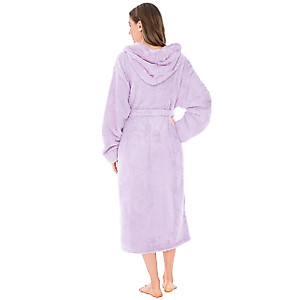 PAVILIA Women Hooded Plush Soft Robe | Fluffy Warm Fleece Sherpa Shaggy Bathrobe (S/M, Lavender Purple)