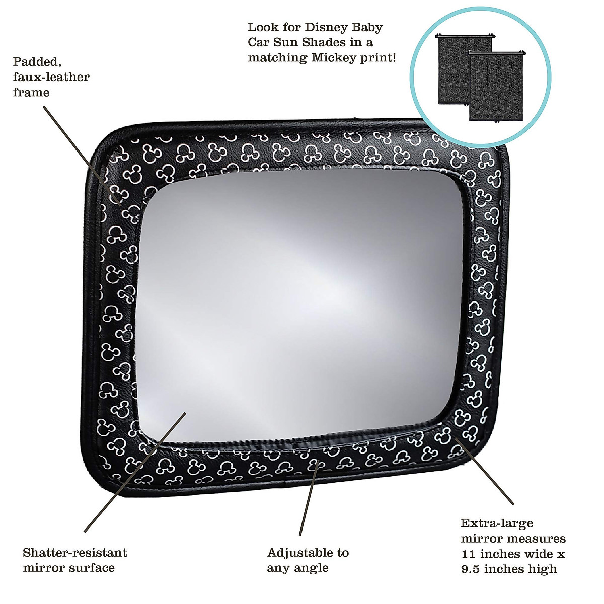 Disney Baby by J.L. Childress Adjustable Baby Car Mirror - for Rear Facing Infant, Child - Wide View, Shatterproof Car Mirror for Baby - Disney Car Travel Essential - Mickey Mouse Black