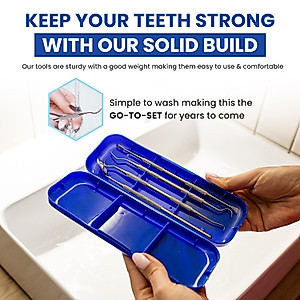 Dental Hygiene Kit - Calculus & Plaque Remover Dental Tool Set - Stainless Steel Tarter Scraper, Tooth Pick, and Mouth Mirror - Dentist Instrument Set for Teeth Cleaning (Blue)