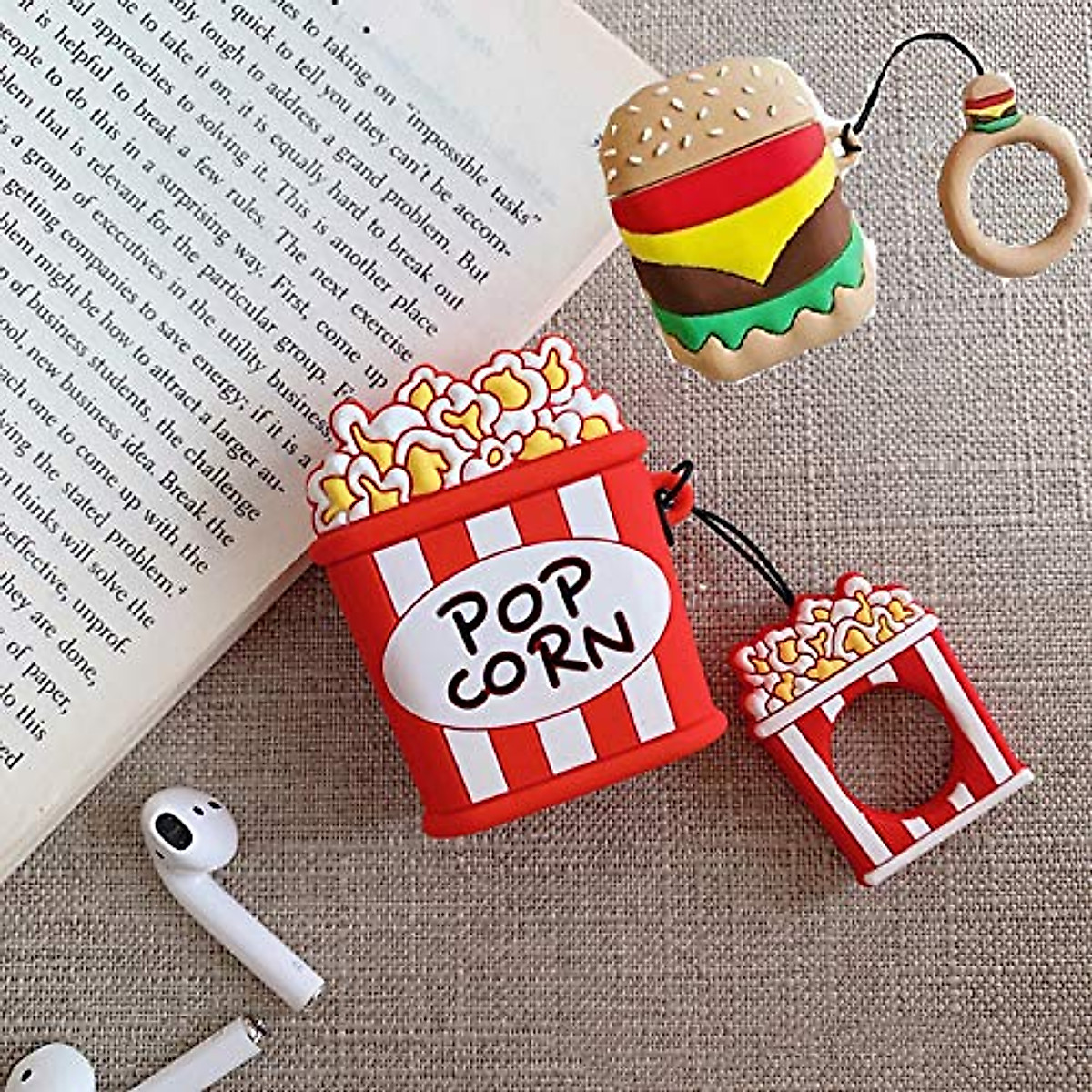 For Airpods Case, Cute 3D Airpods 1&2 Gen Cover with Finger Strap Silicone Rechargeable Headphone case for Apple AirPods 1st/2nd, Shockproof, Anti-Fall and Dustproof Protective (Popcorn and Hamburger)