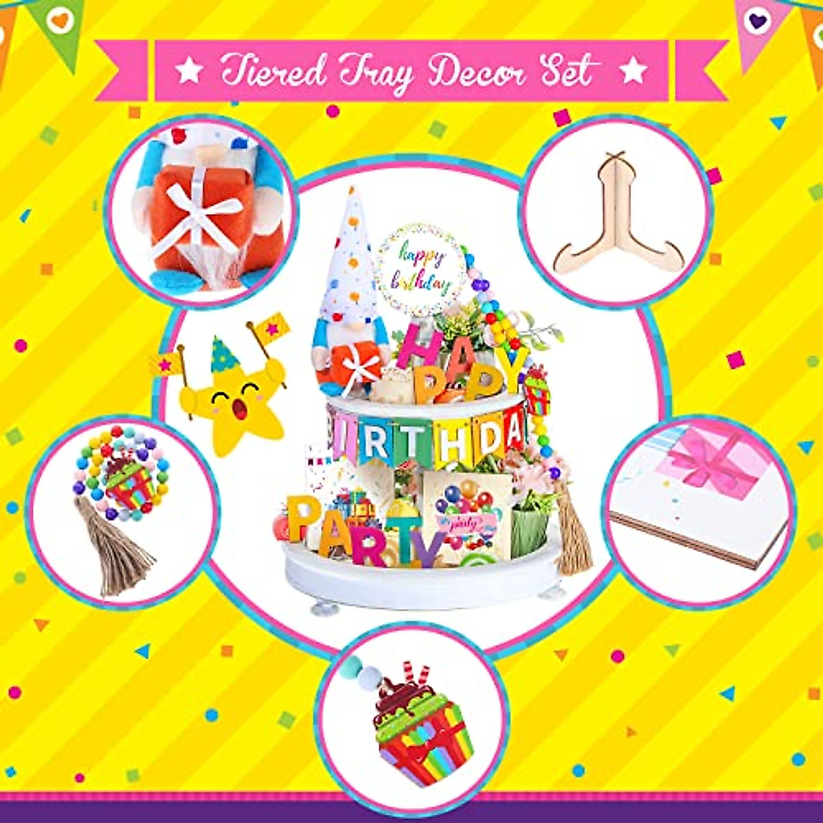 9 Pcs Farmhouse Birthday Gnome Tiered Tray Decor Set Birthday Gift Gnome Tiered Tray Doll Happy Birthday Party Wood Sign Farmhouse Beaded Garland for Farmhouse Kitchen Tiered Tray Birthday Party Decor