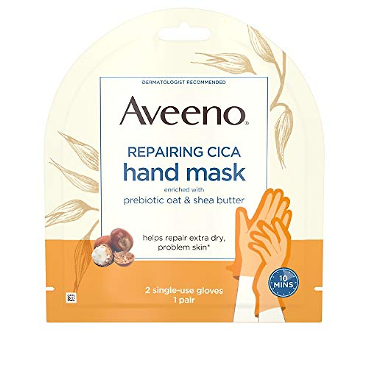 Aveeno Repairing CICA Hand Mask with Prebiotic Oat and Shea Butter for Extra Dry Skin, Paraben and Fragrance Free, 1 Pair of Single Use Gloves