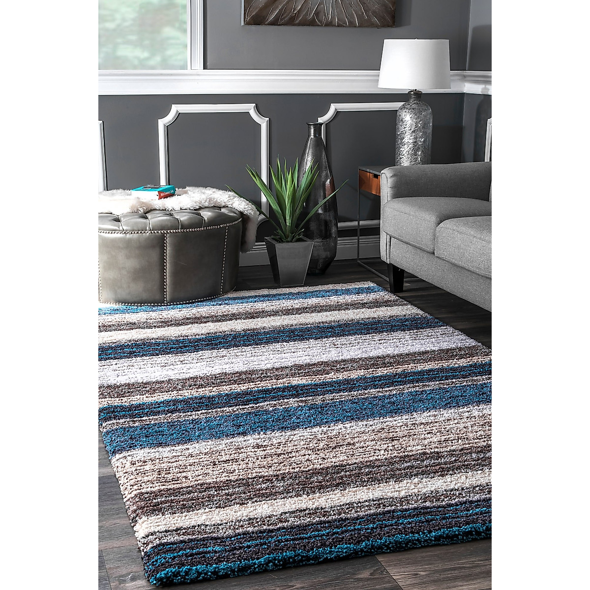 nuLOOM Drey Striped Shag Area Rug - 3x5 Accent Shag Rug Casual Blue Multi/Brown Rugs for Living Room Bedroom Dining Room Nursery Entryway