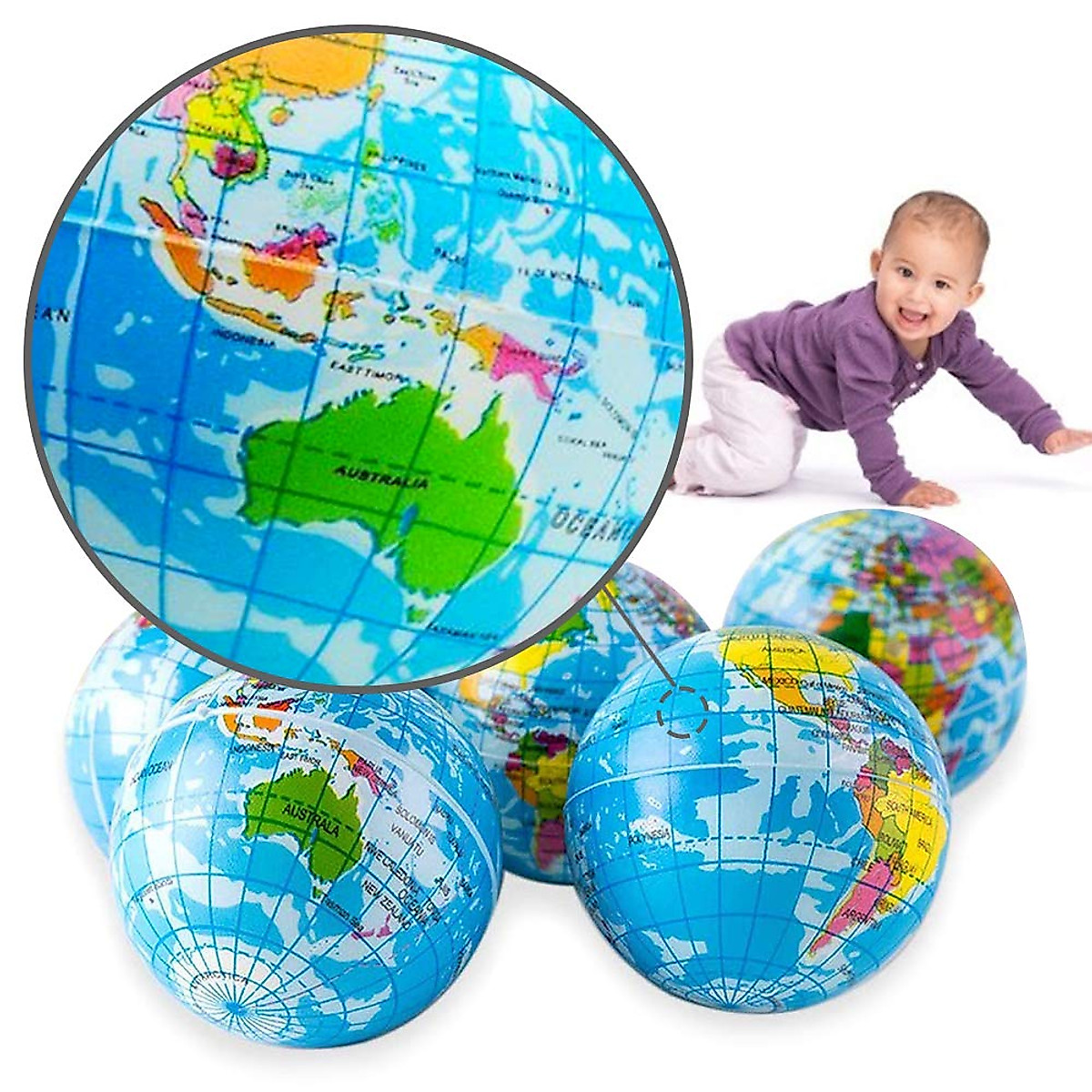 Koogel 16 PCS Globe Squeeze Balls, 3 Inch Earth Stress Relief Toys Foam Squeeze Balls Educational Stress Balls for Finger Exercise School Carnival Reward Party Bag Gift Stress Relief Toys