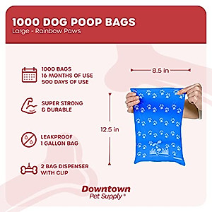 Downtown Pet Supply Dog Poop Bags (1000 CT - Rainbow Paw Print Bags & 2 Dispensers) Waste Bag Dispenser Clips to Dog Leashes Bags & Dog Harnesses- Poop Scoop Bags are Leak-Proof Bags & Unscented