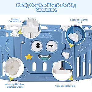Costzon Foldable Baby Playpen, 16-Panel Baby Play Yards with Lock Door & Anti-Slip Rubber Bases, Indoor Outdoor Safety Baby Fence with Adjustable Shape for Children Toddlers (16 Panel, Blue + White)
