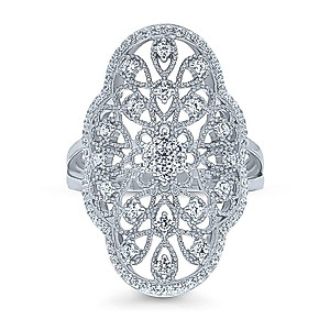 BERRICLE Sterling Silver Flower Cubic Zirconia CZ Statement Navette Cocktail Fashion Ring for Women, Rhodium Plated Size 8