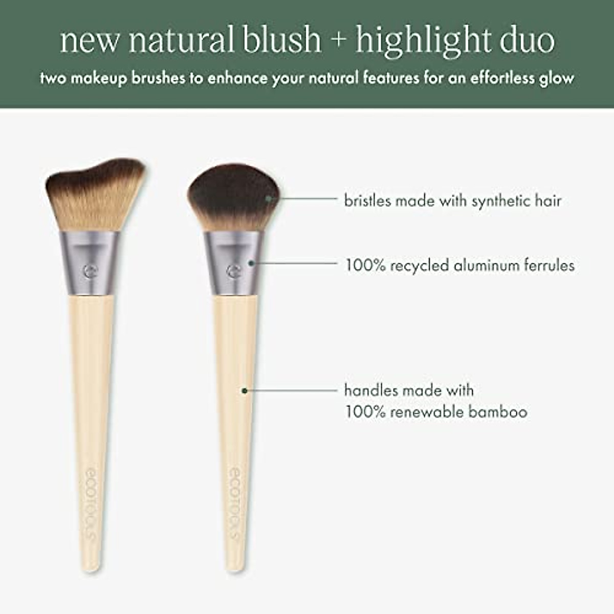 EcoTools Blush + Highlight Brush Duo, Makeup Brushes For Liquid, Cream, & Powder Highlight & Blush, Enhance Natural Skin, Eco-Friendly Makeup Brush Set, Synthetic Bristles, 2 Piece Set