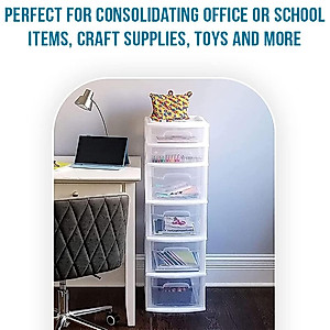 Homz Clear Plastic 4 Drawer Medium Home Organization Storage Container Tower w/2 Large and 2 Small Drawers, and Removeable Caster Wheels, White Frame