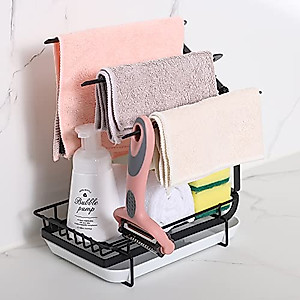 Sponge Holder with Drain Pan for Kitchen Sink Kitchen Towel Rack Sink Caddy Organizer for Dish Sponge Brush Soap Dishcloth Holder(Black)