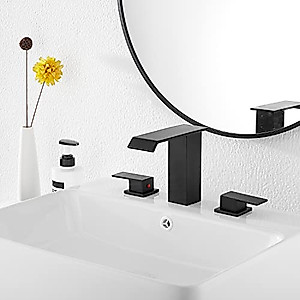 Waterfall Bathroom Faucet Matte Black Widespread GGStudy 3 Holes 2 Handle Black Modern Bathroom Sink Faucet with Pop Up Drain