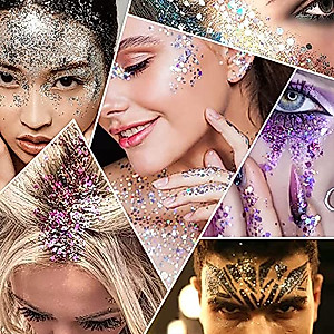 12 Colors Body Glitter Gel Kit, Super Long Lasting Holographic Chunky Glitter Gel Festival Party Makeup for Face, Body, Hair, Nail Art, Eyeshadow, 3Pcs Sponge Makeup Brush Include (Set A)