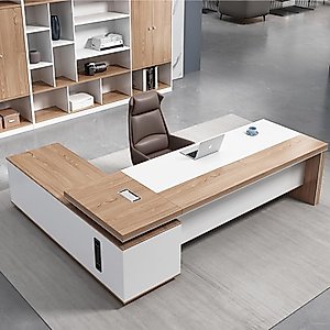 LITFAD L-Shaped Office Computer Desk with Secure Drawer, CPU Cabinet and Cord Management Modern Wood Executive Desk Writing Desk Boss Table Office Furniture, Without Chairs, 71" L x 63" W x 30" H