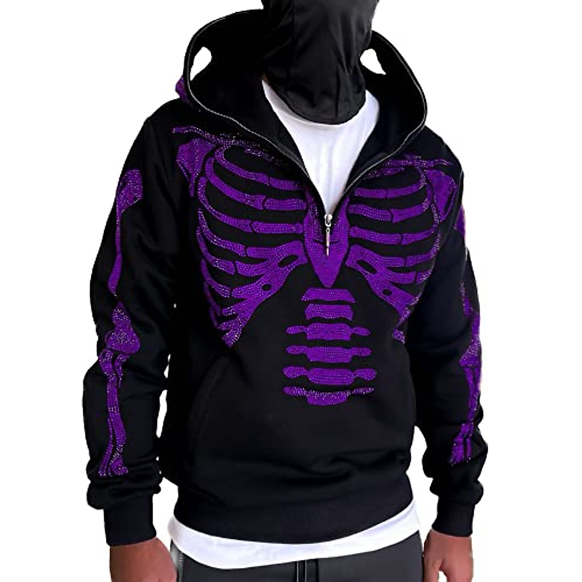 Easyoyo Skeleton 1/4 Zip Up Hoodie for Men Women, Gothic Diamond Glitter Oversize Grunge Punk Dark Sweatshirt