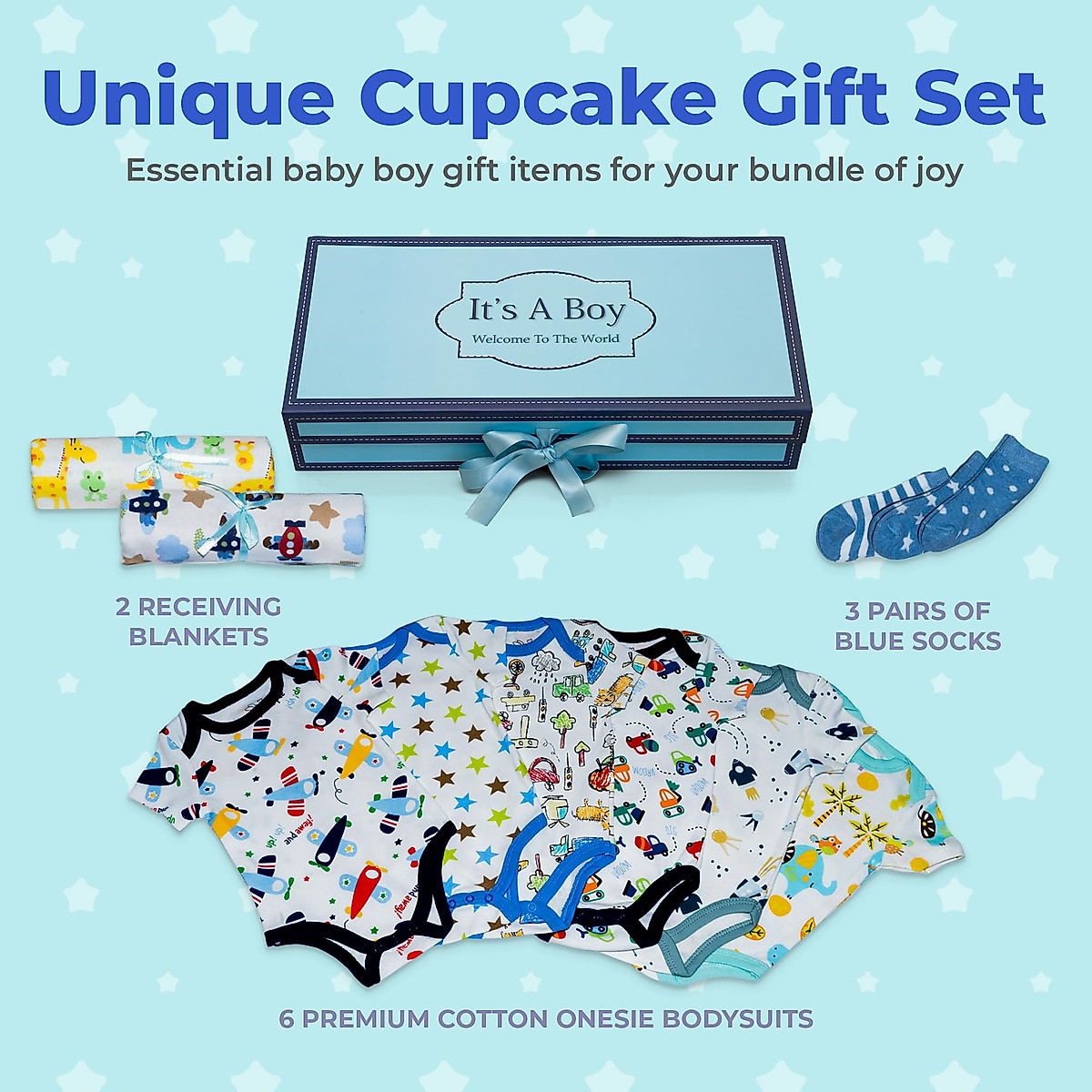 Unique Cupcake Baby Boy Gift Set | Baby Boy Newborn Essentials | Baby Clothes for Boys | Newborn Boy Outfits for Expecting Moms and Gender Reveals | Baby Layette Set - Blue | Nikki's Gift Baskets