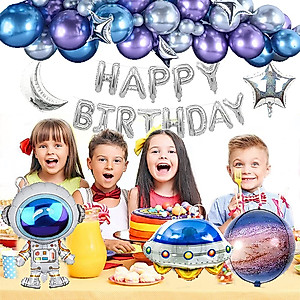 Outer Space Balloon Garland Kit, 115Pcs Universe Space Planets Party Balloon Garland Kit Included Happy Birthday UFO Rocket Astronaut Galaxy Moon Star Balloons for Kids Birthday Party Decorations