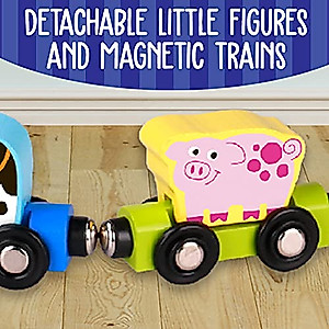 Wooden Trains Set (21 PCS) with 3 Dinosaurs 3 Farm 3 Zoo Animals with Box and Cover - Train Toys Magnetic Set Toy Train Sets for Kids Toddler Gift Toy for 2 Year Old Boys and Girls and up