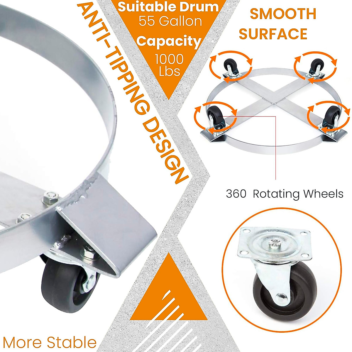 55-Gallon Drum and Garbage Can Dolly – 1000 Pound Trash Can Dolly Swivel Casters Wheel Steel Frame Dolly Cart Non Tipping Hand Truck Capacity Dollies(Silver)