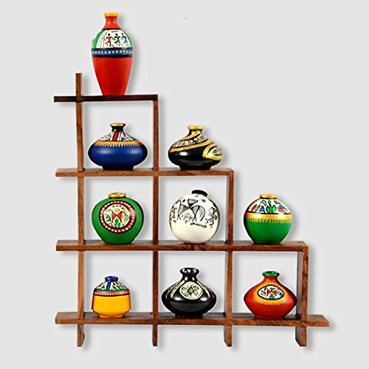 ExclusiveLane Warli Hand-Painted 9 Small Sized Terracotta Pots with Sheesham Wooden Frame | Wooden Wall Shelves with Mini Pots for Home Décor, Office, Bedroom, Living Room (Set of 9 Mini Pots)
