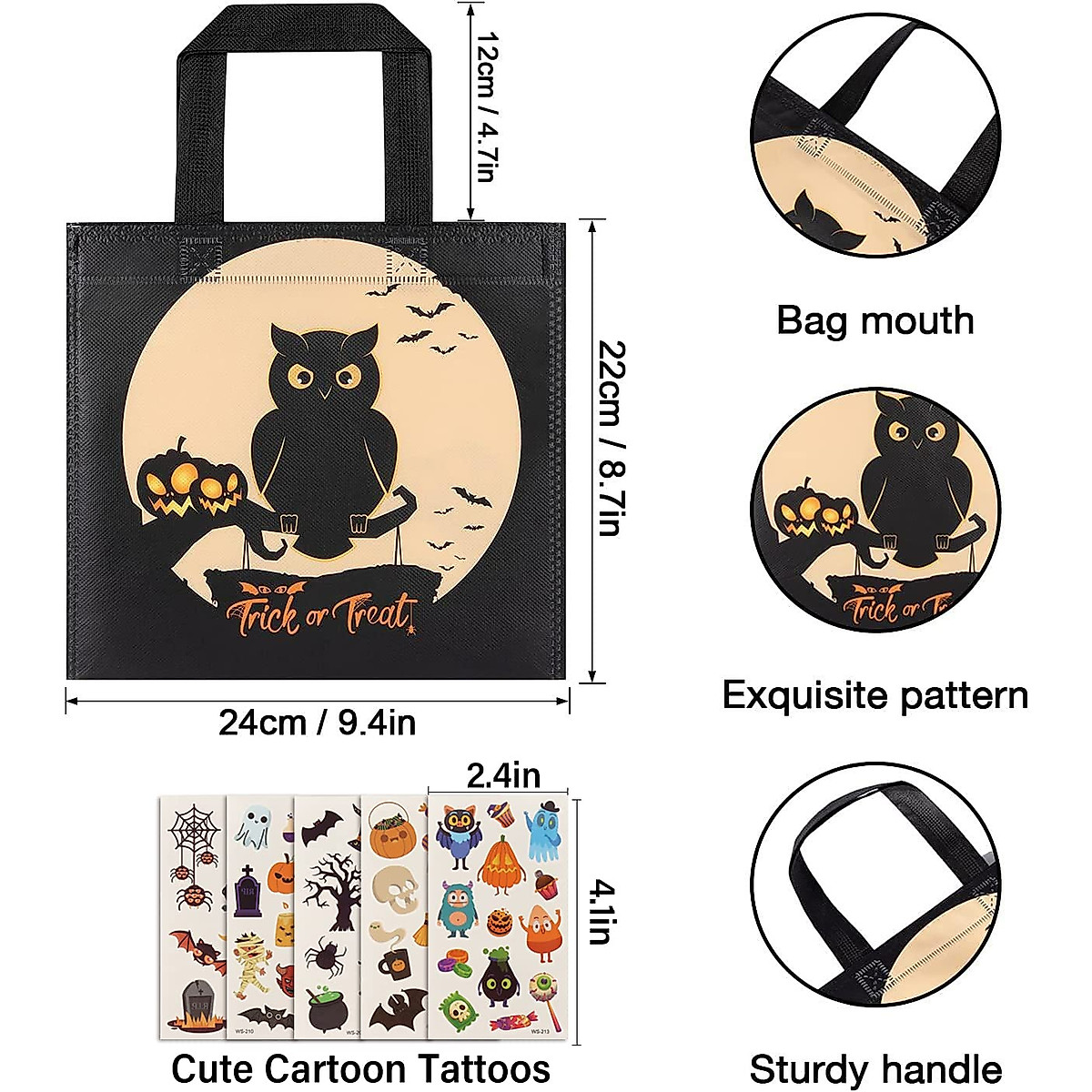 Halloween Treats Bags Party Favors - 30 pack Non-Woven Halloween Tote Gift Bags for Kids Trick or Treat Bags with 54 pcs Tattoos, Reusable Candy Bags Goodie Bag for Halloween Party Supplies(6 Pattern)