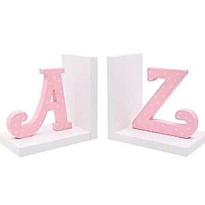 Apol Creative Pink and White Dots A-Z Letter Wood Bookends Book Ends Book Organizers Bookshelf for Kids Study Gift School Office Library Home Desk Decoration