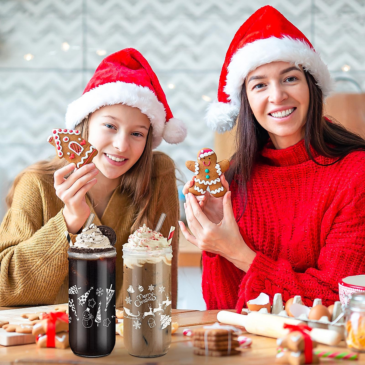 Zhehao 6 Pack Christmas Glass Cups 24 oz Christmas Mason Jars with Lids and Straws Christmas Tumbler Drinking Glasses Beer Can Shaped Coffee Cups for Wine Tea Water Xmas Decorations Gift