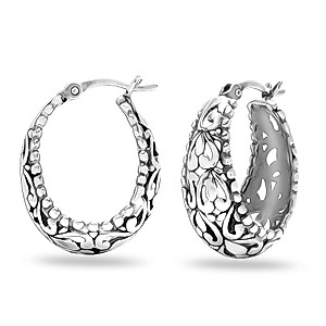 LeCalla Sterling Silver Earrings Filigree Hoops | Lightweight Italian 925 Silver Hoop Earrings Small Oval Antique Oxidized Filigree Design Earring Hoops for Women 25mm