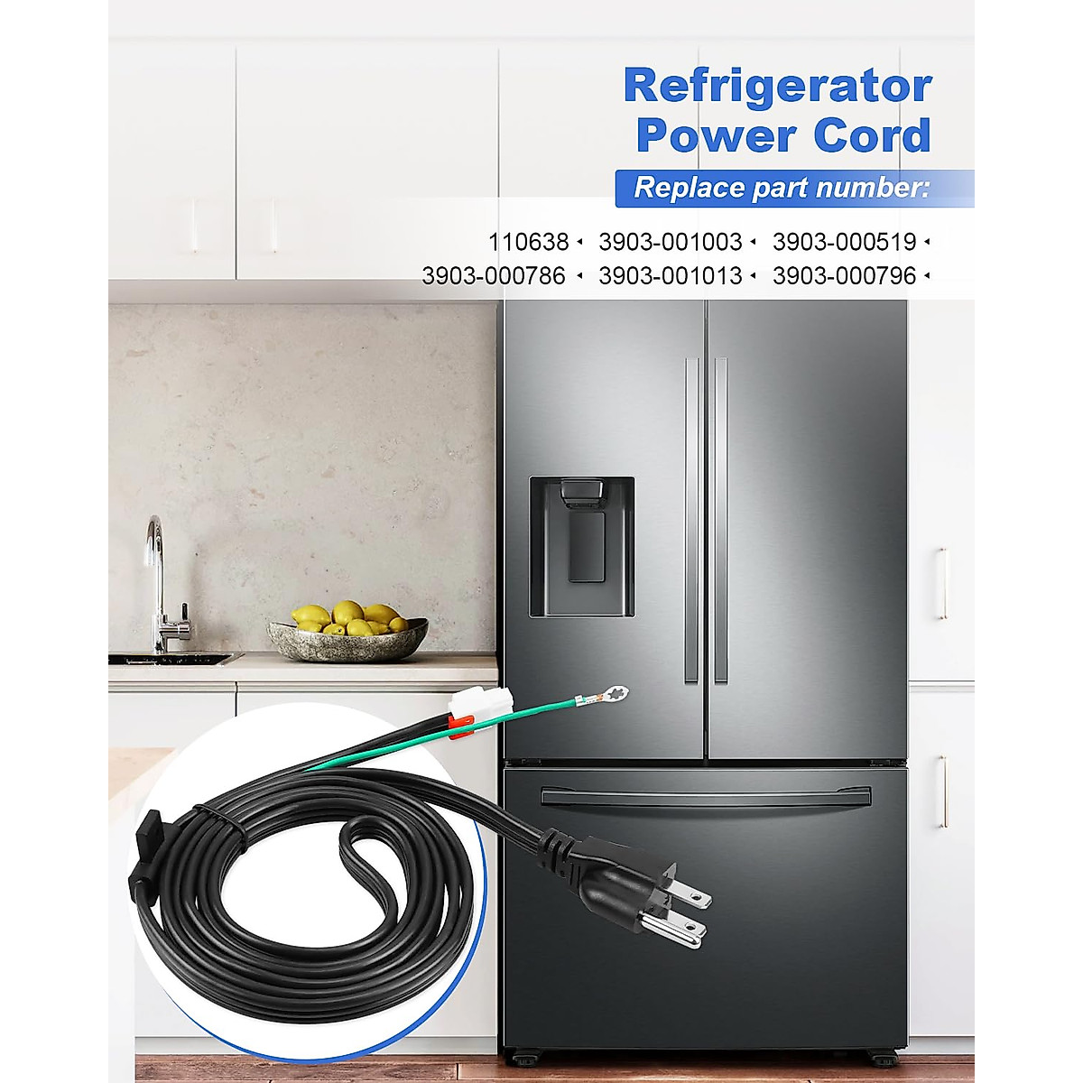 3903-000519 Refrigerator Power Cord Compatible with Samsung RH29H8000SR/AA-00 RF261BEAEWW/AA-01 etc Replacement Fridge Power Cord 3903-000786 3903-001013 3903-000796 Pure Copper Wire Thickened