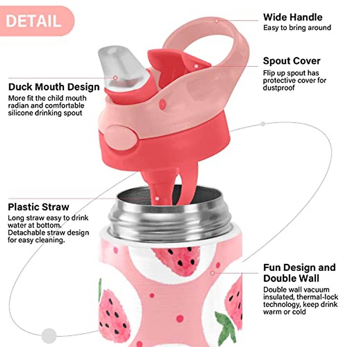 Children Insulated Water Bottles with Straw for School Kids Strawberry Pink Cute Stainless Steel Vacuum Double Wall Keeps Hot and Cold with Handles