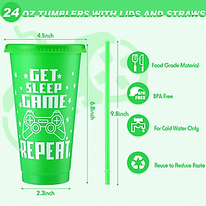Mifoci Gaming Party Favor Video Game Plastic Reusable Cute Cups with Lids and Straws Gamer Tumbler Iced Coffee Travel Mug Water Bottle for Adult Kid Game Birthday Party Supplies(24 Pcs)