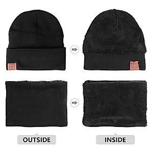 OZERO Winter Beanie Hat Scarf Set: Thick Fleece Lined Winter Cap Neck Warmer for Men Women Black