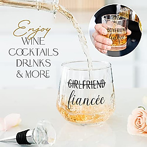 Newlywoo Engagement Gifts for Couples - Boyfriend Girlfriend Wine and Whiskey Glass Fiance Gifts for Him and Her - Newly Engaged Unique Glasses with Diamond Wine Stopper