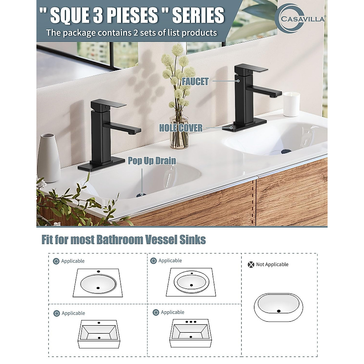 Casavilla Bathroom Faucet Set with Pop Up Drain, Single Handle Black Bathroom Sink Faucet with Deck Plate, Vanity Faucet for Bathroom Sink (1 Hole or 3 Holes), Farmhouse RV Sink Faucet-2 Sets