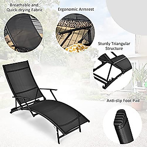 Giantex Set of 2 Patio Chaise Lounge Chairs, with 5-Level Adjustable Backrest, Armrests, Fast-Drying Fabric, Foldable and Stackable Lounger for Poolside, Backyard Outdoor Chaise Recliner,Black