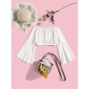 Floerns Girls Off The Shoulder Flounce Long Sleeve Ruched Blouse Crop Tops White 8 Years