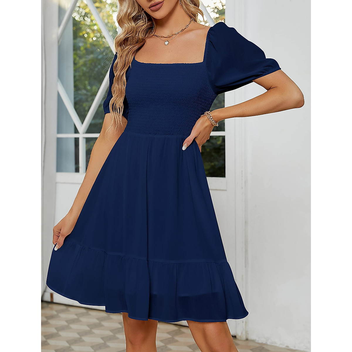 YATHON Wedding Guest Dresses for Women with Sleeves Homecoming Bridesmaid Sundress Family Gathering Dance Party Short Dresses(YT194-Navy,L)