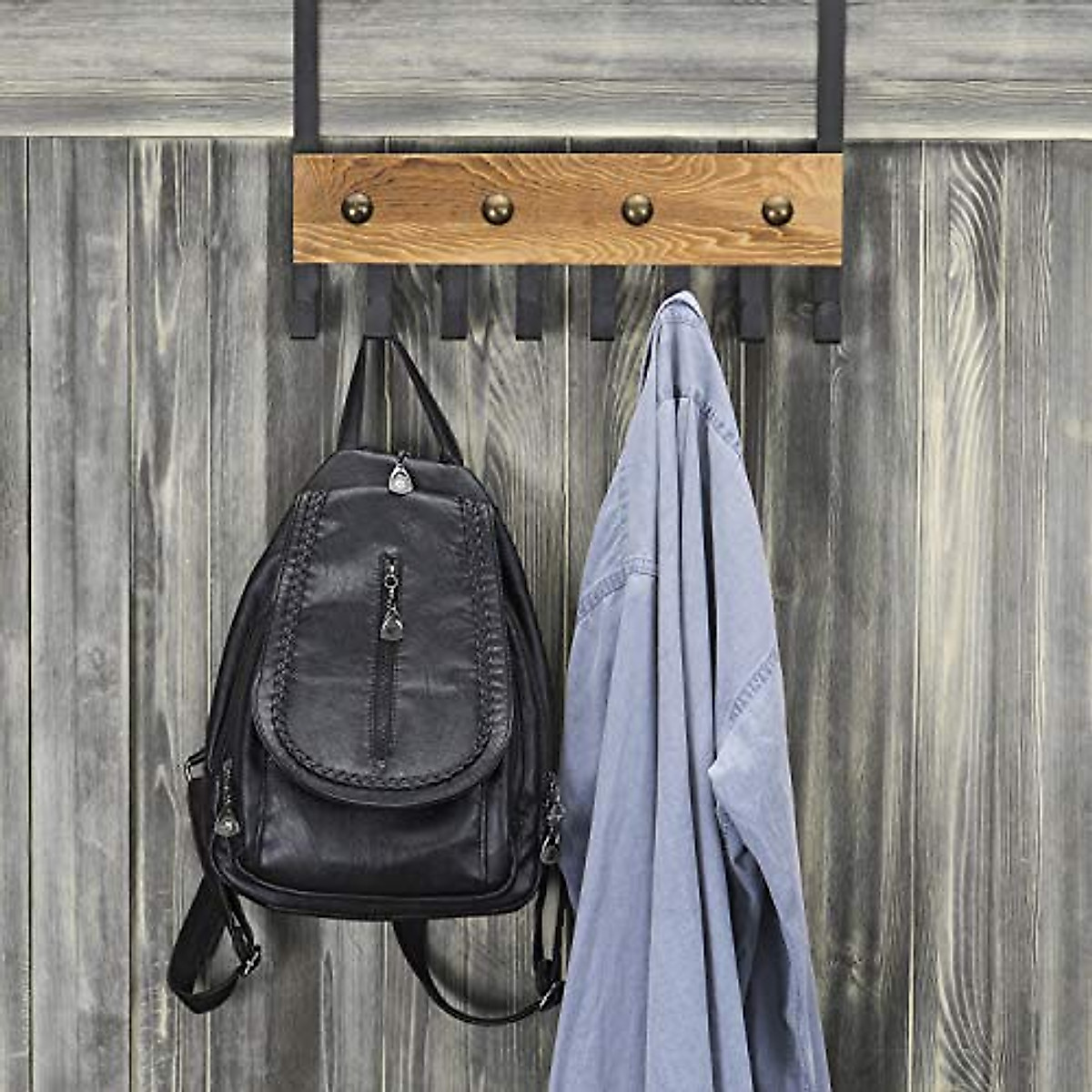 MyGift Burnt Wood Over The Door Hook Rack Bathroom Towel Rack with 8 Black Metal Hooks