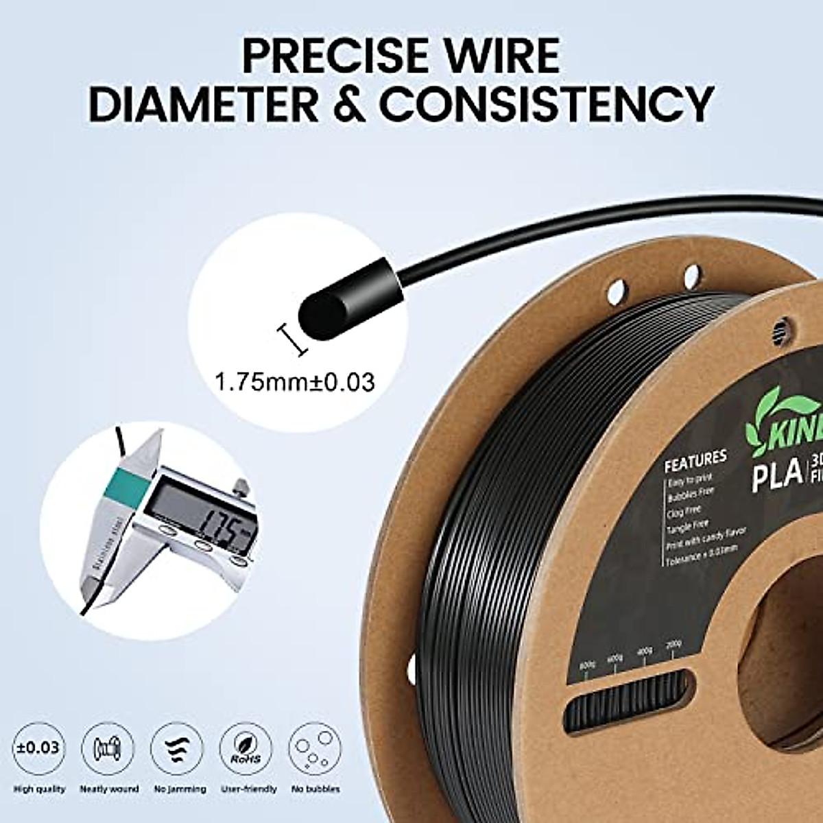 KINLUOT PLA 3D Printer Filament 1.75mm, Black PLA Filament 1KG Spool(2.2lbs), Neatly Wound Cardboard Vacuum Packaged - Fit Most FDM 3D Printers