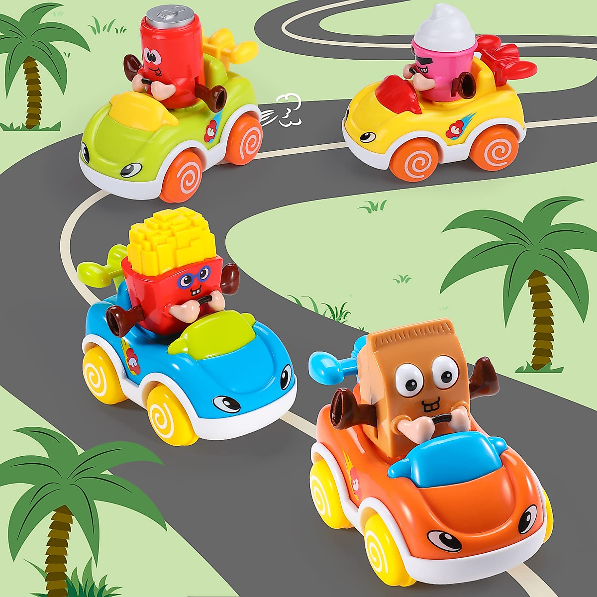 HINZER Toy Cars for 1 2 3 Year Old Boy 4 Pack Friction Powered Cars Baby Toy 12-18 Months Car Toys for Toddlers 1-3 Cartoon Baby Car Toys for 1 Year Old Boy Girl for 1 2 3 Year Old Boys