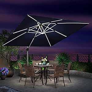 PURPLE LEAF 10 Feet Double Top Deluxe Solar Powered LED Square Patio Umbrella Offset Hanging Umbrella Outdoor Market Umbrella Garden Umbrella, Navy Blue