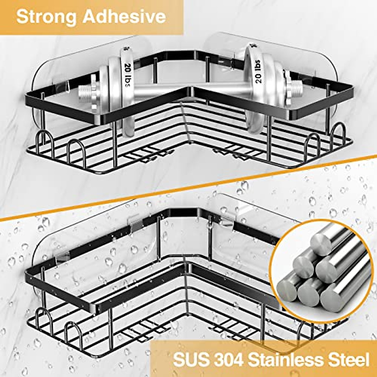 SIXDOVE 3-PACK Corner Shower Caddy- Corner Shower Shelf with 1 Soap Holder, Adhesive Shower Organizer with 18 Hooks, No Drilling Rustproof Stainless Steel Shower Rack Shelves for Bathroom & Kitchen