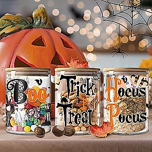 Halloween Decor 3 Pack Glass Storage Jars with Airtight Bamboo Lid - Hocus Pocus Canisters Sets for Kitchen Countertop - Clear Halloween Glass Storage Jars for Coffee Bean, Cookie, Candy, Tea, Flour