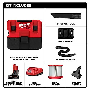MilwaukeeTool 0960-21 12-Volt 1.6 Gal. Lithium-Ion Cordless WetDry Vacuum Kit with 6.0 Ah Battery and Charger