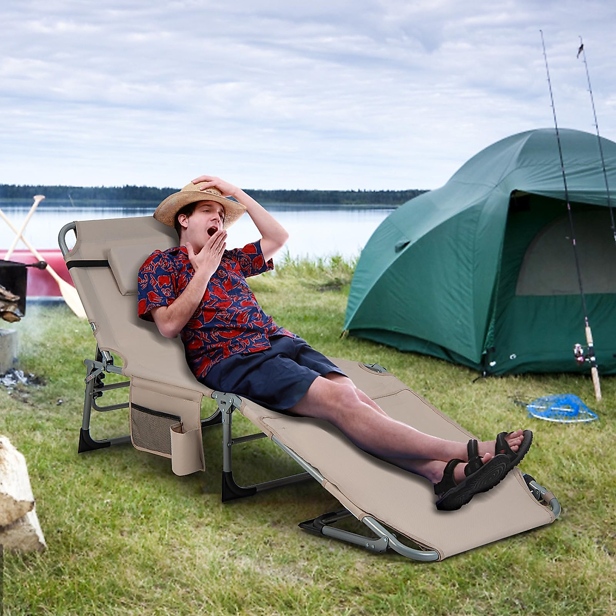 Tangkula Beach Lounge Chair, Outdoor Folding Tanning Chair with Face/Arm Hole, 2 Carry Handle, Pillow, Adjustable Backrest, 400 LBS Face Down Sunbathing Chair for Outside Beach Poolside