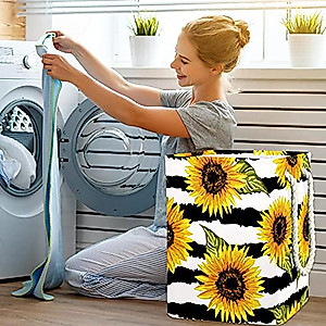 DEYYA Waterproof Laundry Baskets Tall Sturdy Foldable Sunflowers White Black Stripe Print Hamper for Adult Kids Teen Boys Girls in Bedrooms Bathroom