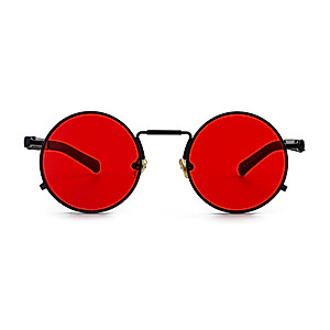 EYLRIM Round Steampunk Sunglasses Hippie Circle Glasses Gothic Metal Frame 100% UV Blocking Lens(Black/Ocean Red)
