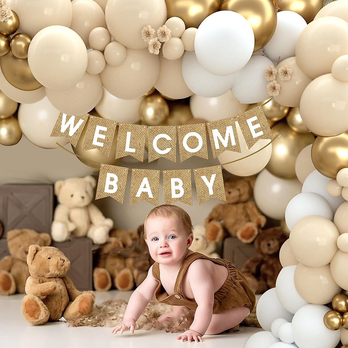Boho Baby Shower Decorations-97Pcs Burlap Grain Baby Boxes,Nude and Gold Balloons Arch Kit and "WELCOME BABY" Banner for Neutral Baby Shower Decorations,Birthday Party Supplies,Gender Reveal