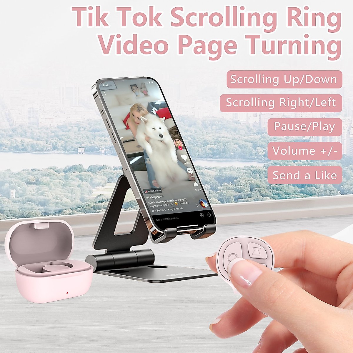 STDFORU TikTok Scrolling Ring Auto Clicker for Live Bluetooth Scroller Ring Camera Shutter Remote Control TIK Tok Scrolling Ring for iPhone Android (Pink)
